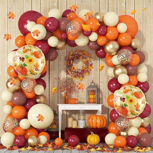 Amandir 180PCS Fall Thanksgiving Balloons Arch Garland Kit, Fall Birthday Party Baby Shower Decorations with Orange Burgundy Brown Gold Balloons Maple Leaves for Little Pumpkin Autumn Party Supplies