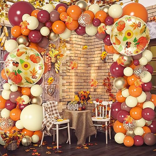 Amandir 180PCS Fall Thanksgiving Balloons Arch Garland Kit, Fall Birthday Party Baby Shower Decorations with Orange Burgundy Brown Gold Balloons Maple Leaves for Little Pumpkin Autumn Party Supplies