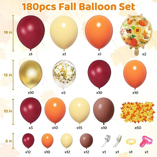 Amandir 180PCS Fall Thanksgiving Balloons Arch Garland Kit, Fall Birthday Party Baby Shower Decorations with Orange Burgundy Brown Gold Balloons Maple Leaves for Little Pumpkin Autumn Party Supplies