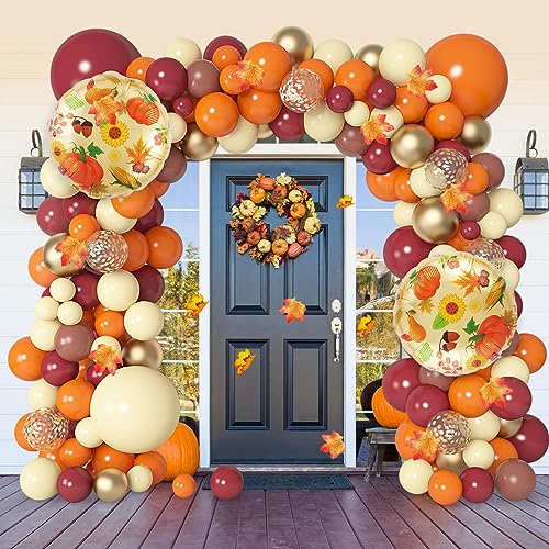 Amandir 180PCS Fall Thanksgiving Balloons Arch Garland Kit, Fall Birthday Party Baby Shower Decorations with Orange Burgundy Brown Gold Balloons Maple Leaves for Little Pumpkin Autumn Party Supplies