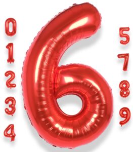 aule 40 inch big red 6 balloon number large foil helium number balloons 0-9 jumbo giant happy 6th birthday party decorations for boy or girl huge mylar anniversary party supplies