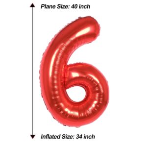 AULE 40 Inch Big Red 6 Balloon Number Large Foil Helium Number Balloons 0-9 Jumbo Giant Happy 6th Birthday Party Decorations for Boy or Girl Huge Mylar Anniversary Party Supplies