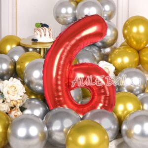 AULE 40 Inch Big Red 6 Balloon Number Large Foil Helium Number Balloons 0-9 Jumbo Giant Happy 6th Birthday Party Decorations for Boy or Girl Huge Mylar Anniversary Party Supplies