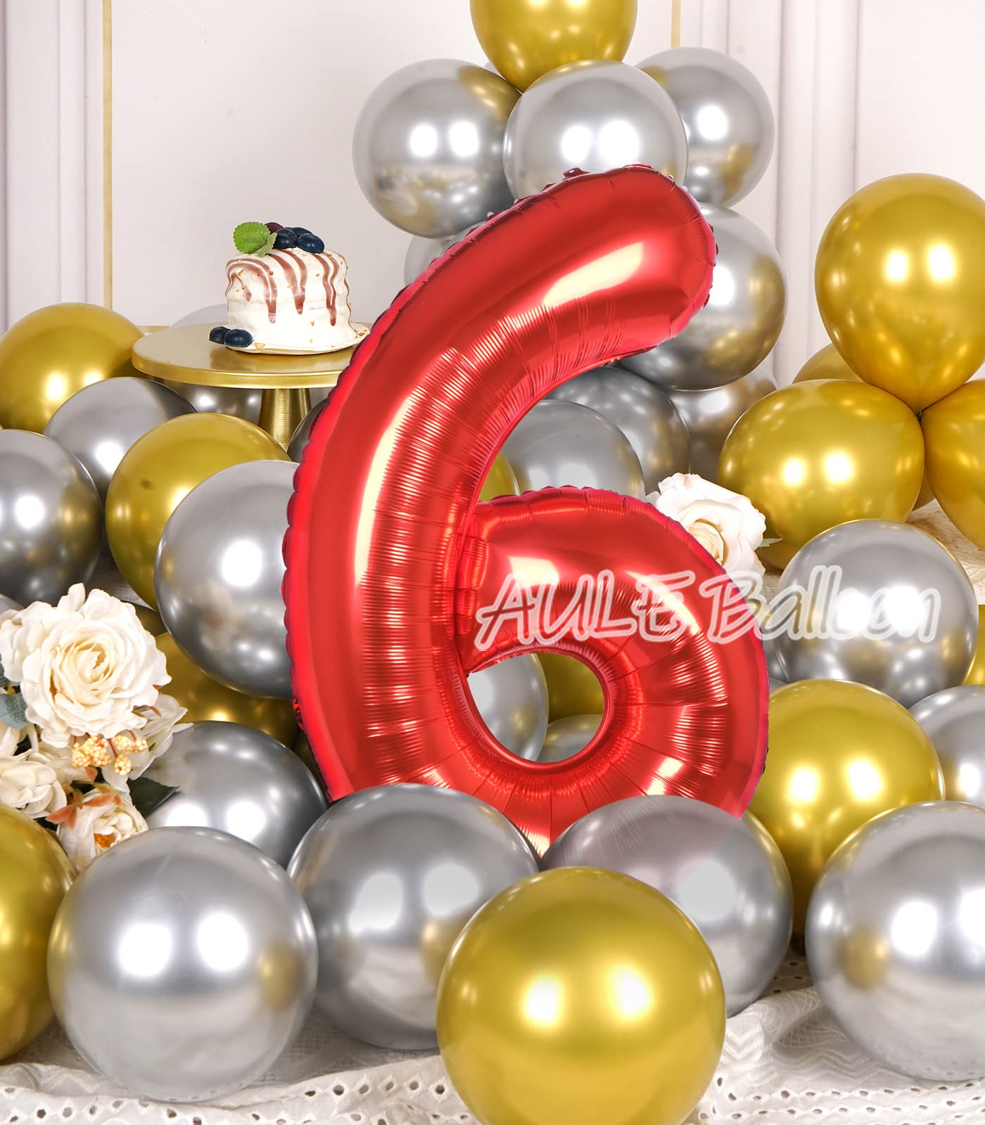 AULE 40 Inch Big Red 6 Balloon Number Large Foil Helium Number Balloons 0-9 Jumbo Giant Happy 6th Birthday Party Decorations for Boy or Girl Huge Mylar Anniversary Party Supplies