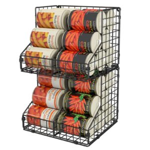 stackable can organizer for pantry with 2 adjustable dividers, soda can organizer, can storage dispenser holds up to 28 cans, 2 tier metal wire baskets can holder for kitchen cabinet pantry, black