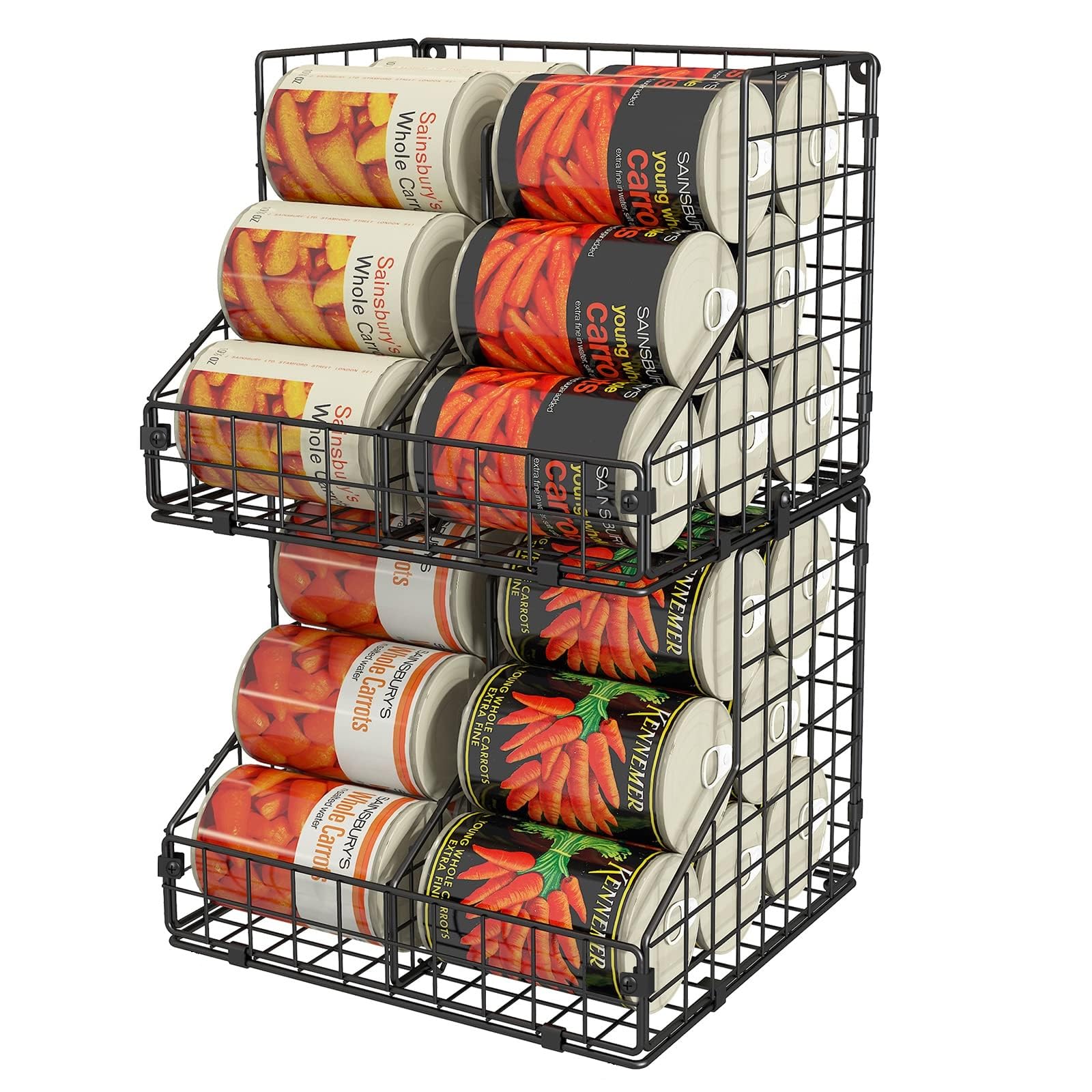 Stackable Can Organizer for Pantry with 2 Adjustable Dividers, Soda Can Organizer, Can Storage Dispenser Holds up to 28 Cans, 2 tier Metal Wire Baskets Can Holder for Kitchen Cabinet Pantry, Black