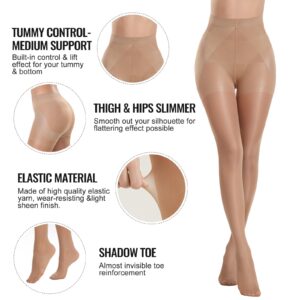 MANZI Control Top Pantyhose Sheer Skin Colored Tights for Women Tummy Control Stockings with Moderate Support Panty 40 Denier Run Resistant Quality Nylons(2 Natural Nude,XL)