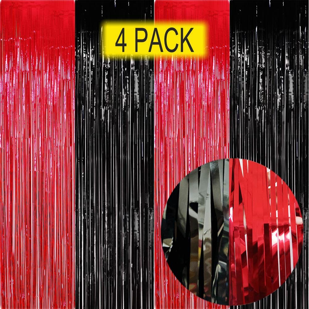 EUFARS Red and Black Party Decorations- 4 Pack of 3.2x8.2ft Foil Fringe Curtains for Graduation Party Decorations 2024 Casino Theme Party Decorations Red and Black Birthday Decorations