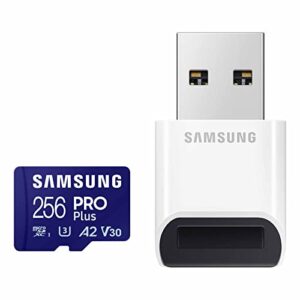 samsung pro plus microsd memory card + reader, 256gb microsdxc, up to 180 mb/s, full hd & 4k uhd, uhs-i, c10, u3, v30, a2 for android phones, tablets, gopro, dji drone, mb-md256sb/am, 2023