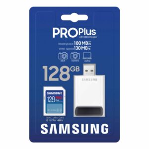 SAMSUNG PRO Plus Full Size 128GB SDXC Memory Card + Reader, Up to 180 MB/s, Full HD & 4K UHD, UHS-I, C10, U3, V30 for DSLR, Mirrorless Cameras, PCs, MB-SD128SB/AM, 2023