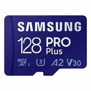 samsung pro plus microsd memory card + adapter, 128gb microsdxc, up to 180 mb/s, full hd & 4k uhd, uhs-i, c10, u3, v30, a2 for android phones, tablets, gopro, dji drone, mb-md128sa/am, 2023