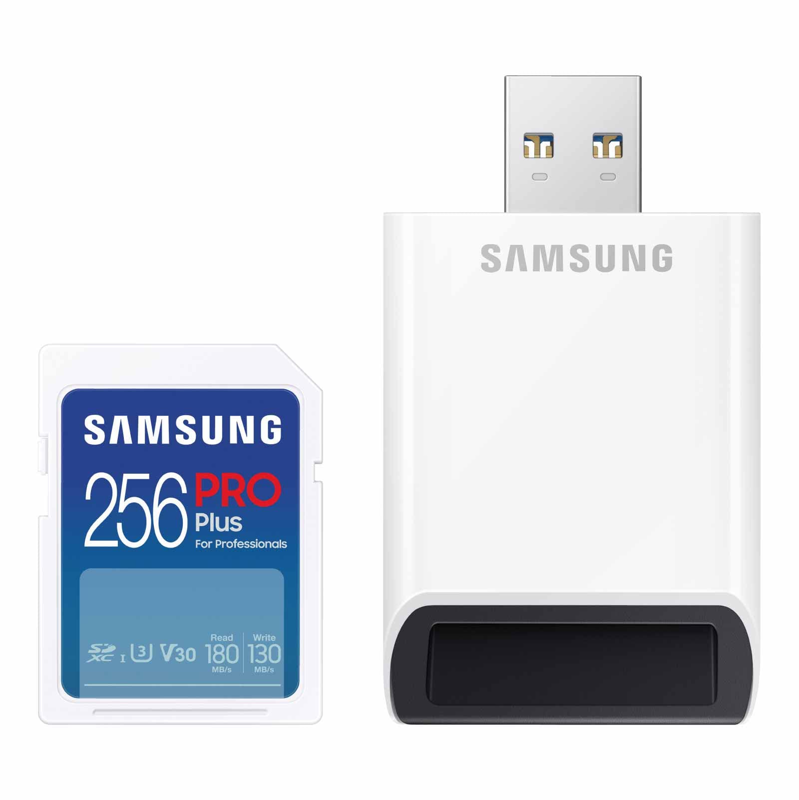 SAMSUNG PRO Plus Full Size 256GB SDXC Memory Card + Reader, Up to 180 MB/s, Full HD & 4K UHD, UHS-I, C10, U3, V30 for DSLR, Mirrorless Cameras, PCs, MB-SD256SB/AM, 2023