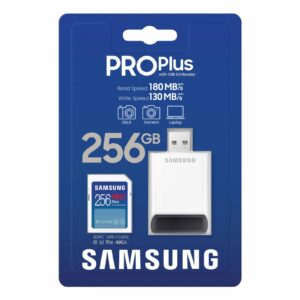 SAMSUNG PRO Plus Full Size 256GB SDXC Memory Card + Reader, Up to 180 MB/s, Full HD & 4K UHD, UHS-I, C10, U3, V30 for DSLR, Mirrorless Cameras, PCs, MB-SD256SB/AM, 2023