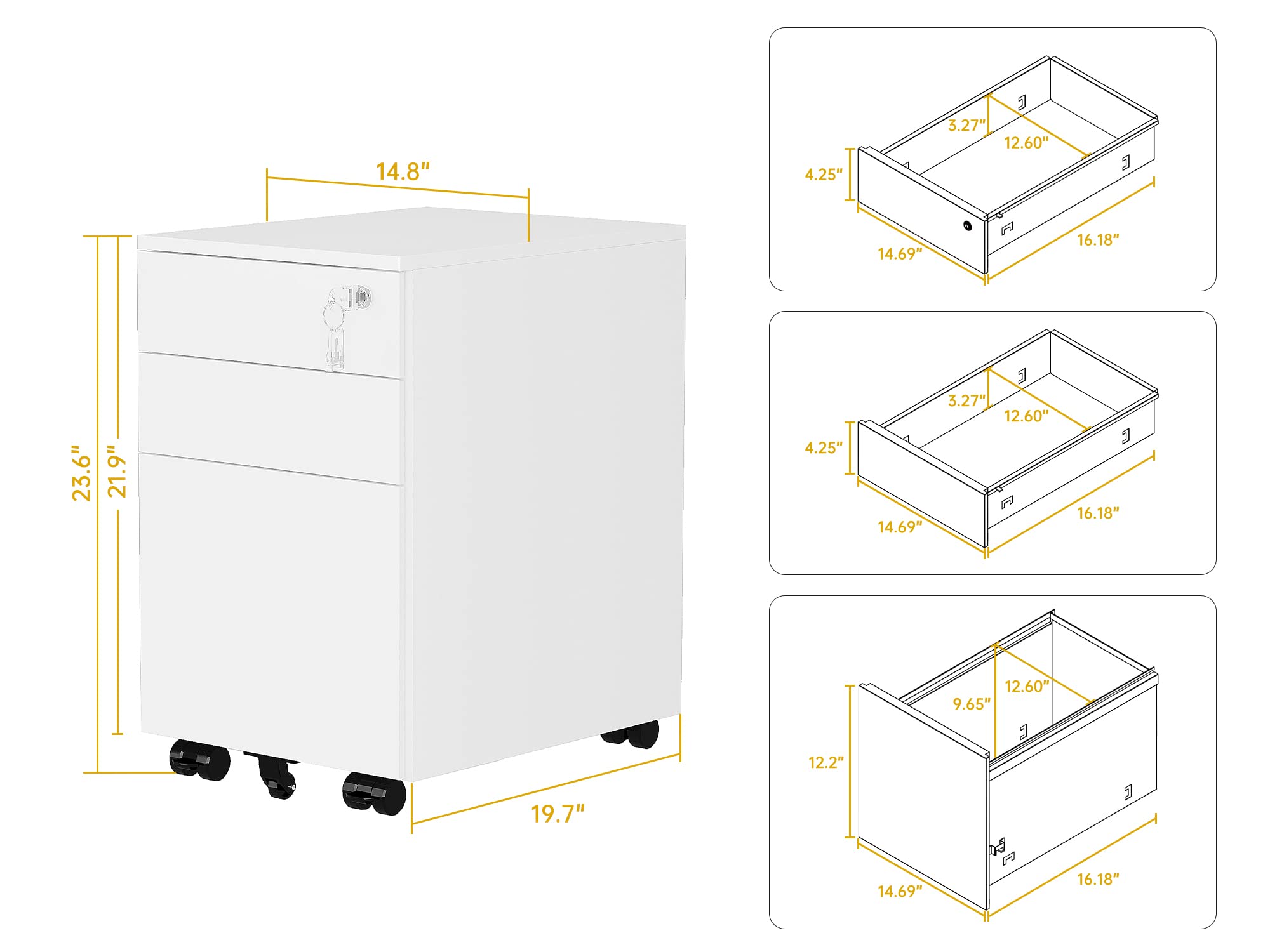 3 Drawer File Cabinet with Lock, Mobile Rolling File Cabinet, Under Desk File Cabinet Fully Assembled Except Casters, Metal Small Filing Cabinet for Home Office