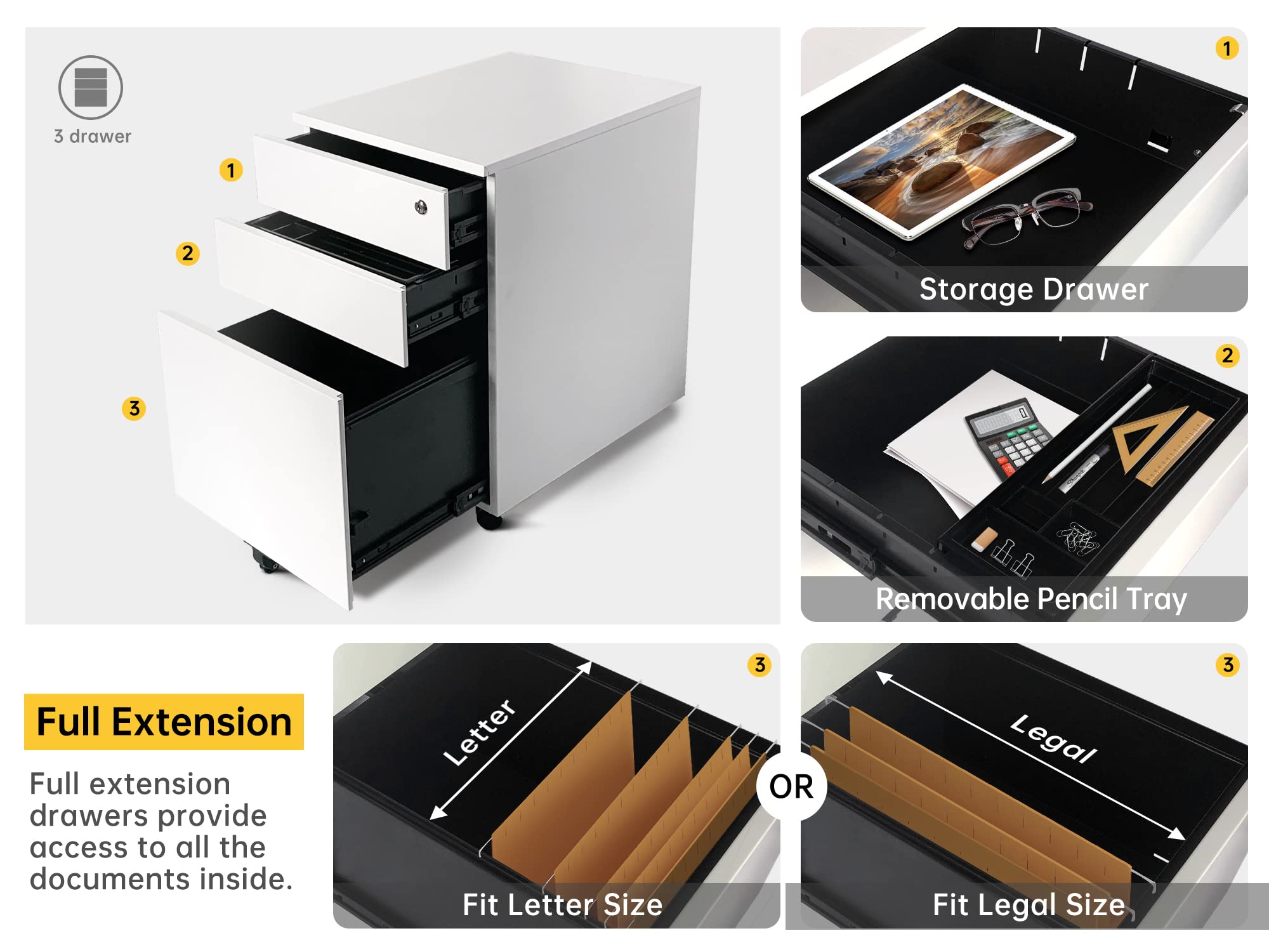 3 Drawer File Cabinet with Lock, Mobile Rolling File Cabinet, Under Desk File Cabinet Fully Assembled Except Casters, Metal Small Filing Cabinet for Home Office