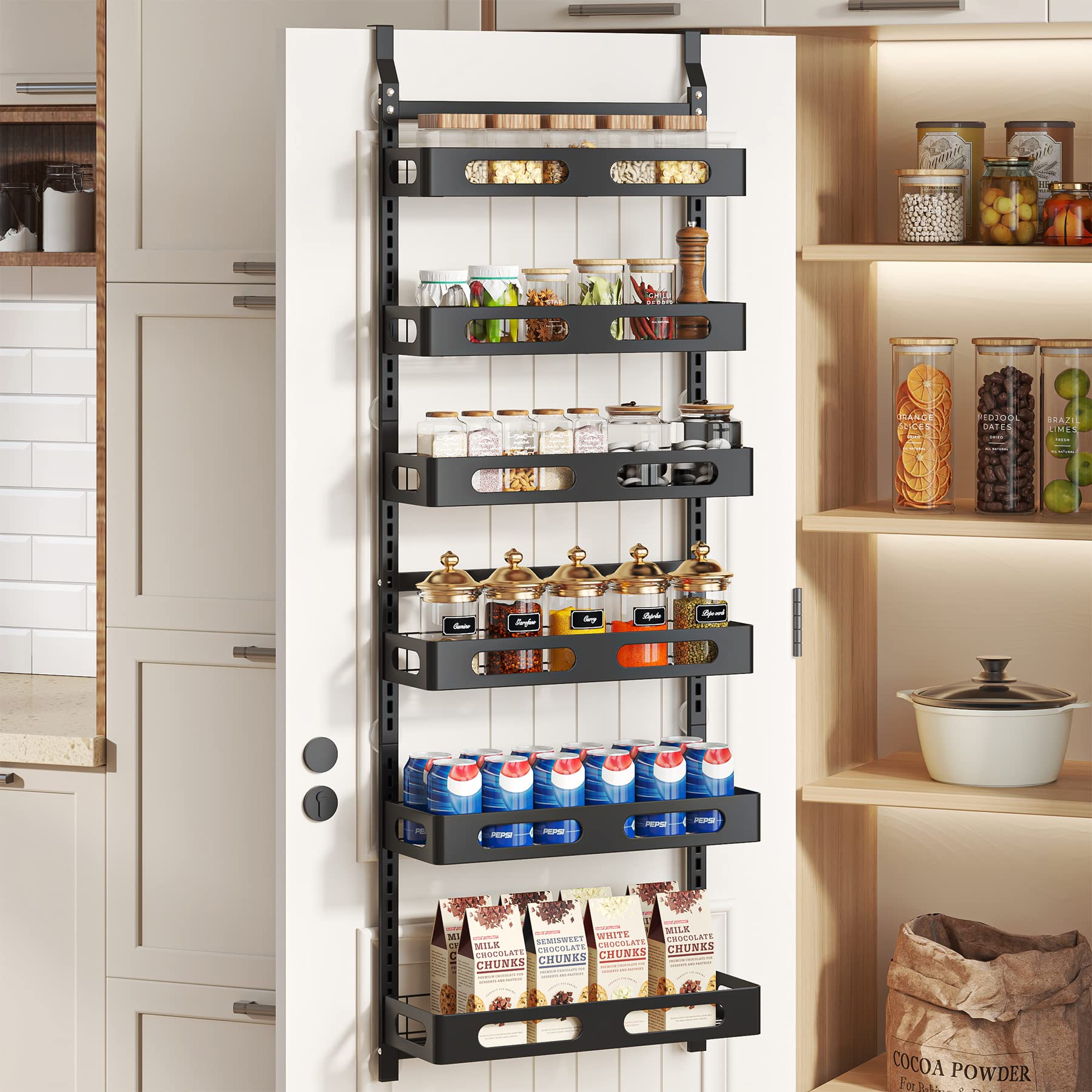 1Easylife 6-Tier Over the Door Pantry Organizer Black Pantry Organization and Storage with Adjustable Basket, Pantry Door Rack with Detachable Frame, Space Saving Hanging Spice Rack for Kitchen Pantry