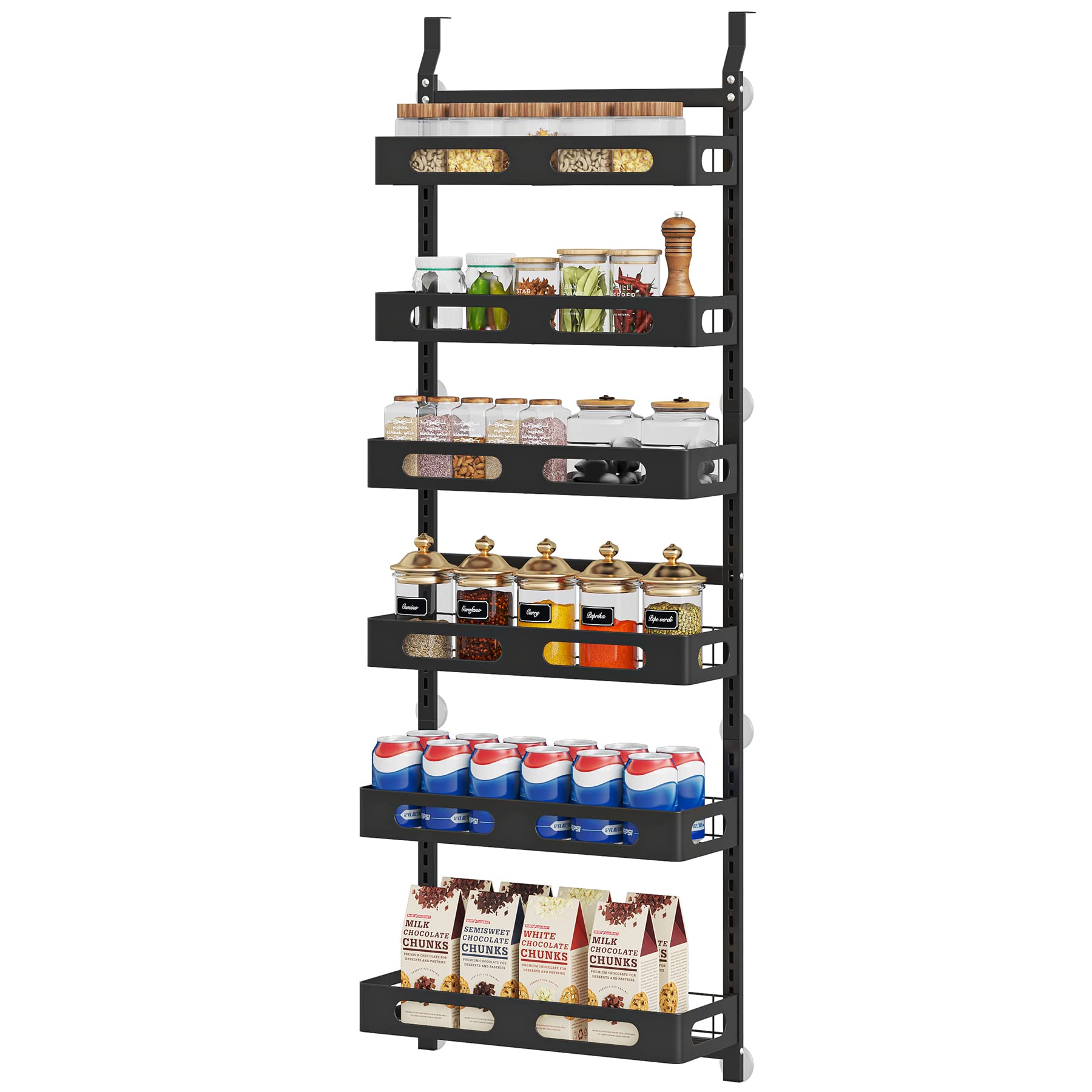 1Easylife 6-Tier Over the Door Pantry Organizer Black Pantry Organization and Storage with Adjustable Basket, Pantry Door Rack with Detachable Frame, Space Saving Hanging Spice Rack for Kitchen Pantry