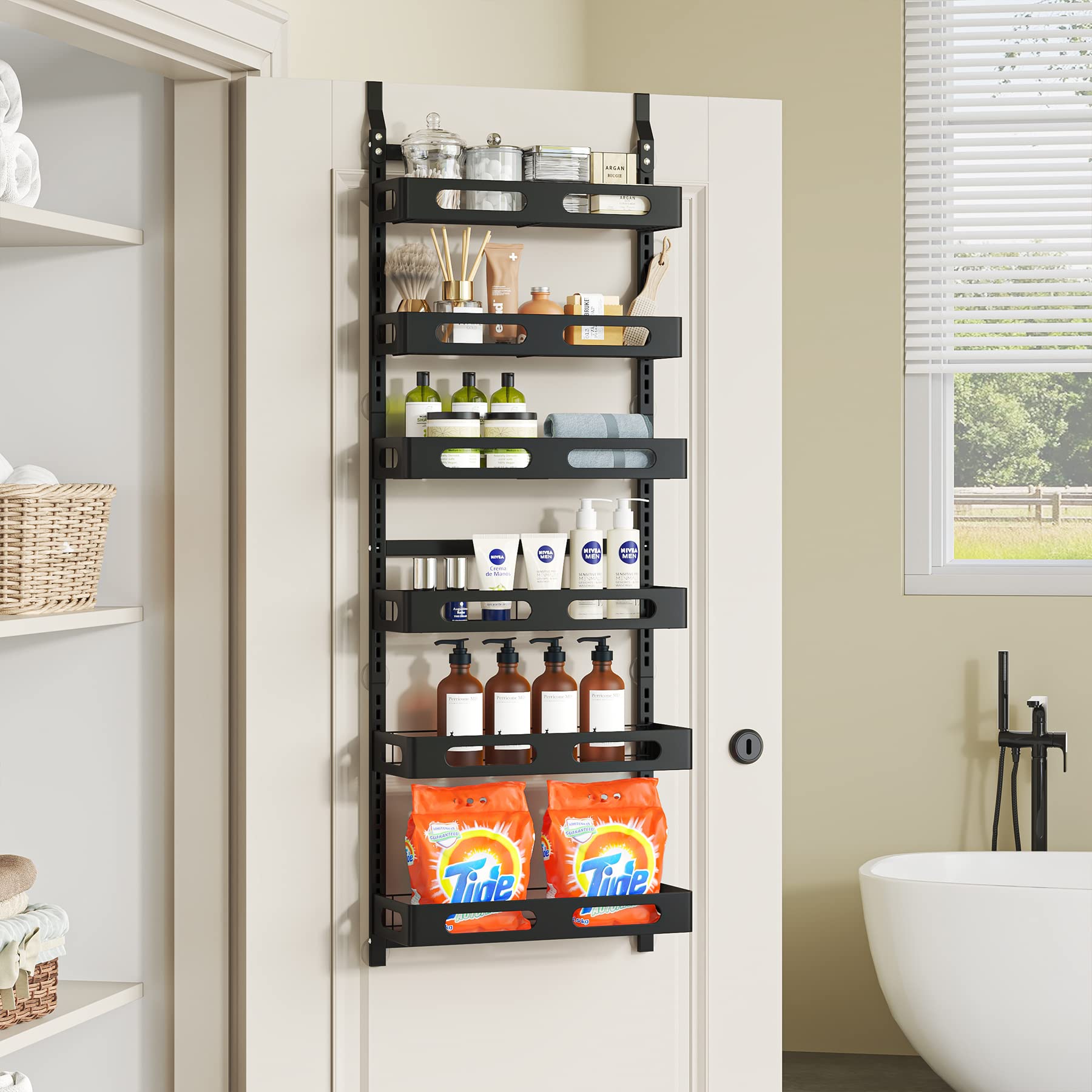 1Easylife 6-Tier Over the Door Pantry Organizer Black Pantry Organization and Storage with Adjustable Basket, Pantry Door Rack with Detachable Frame, Space Saving Hanging Spice Rack for Kitchen Pantry