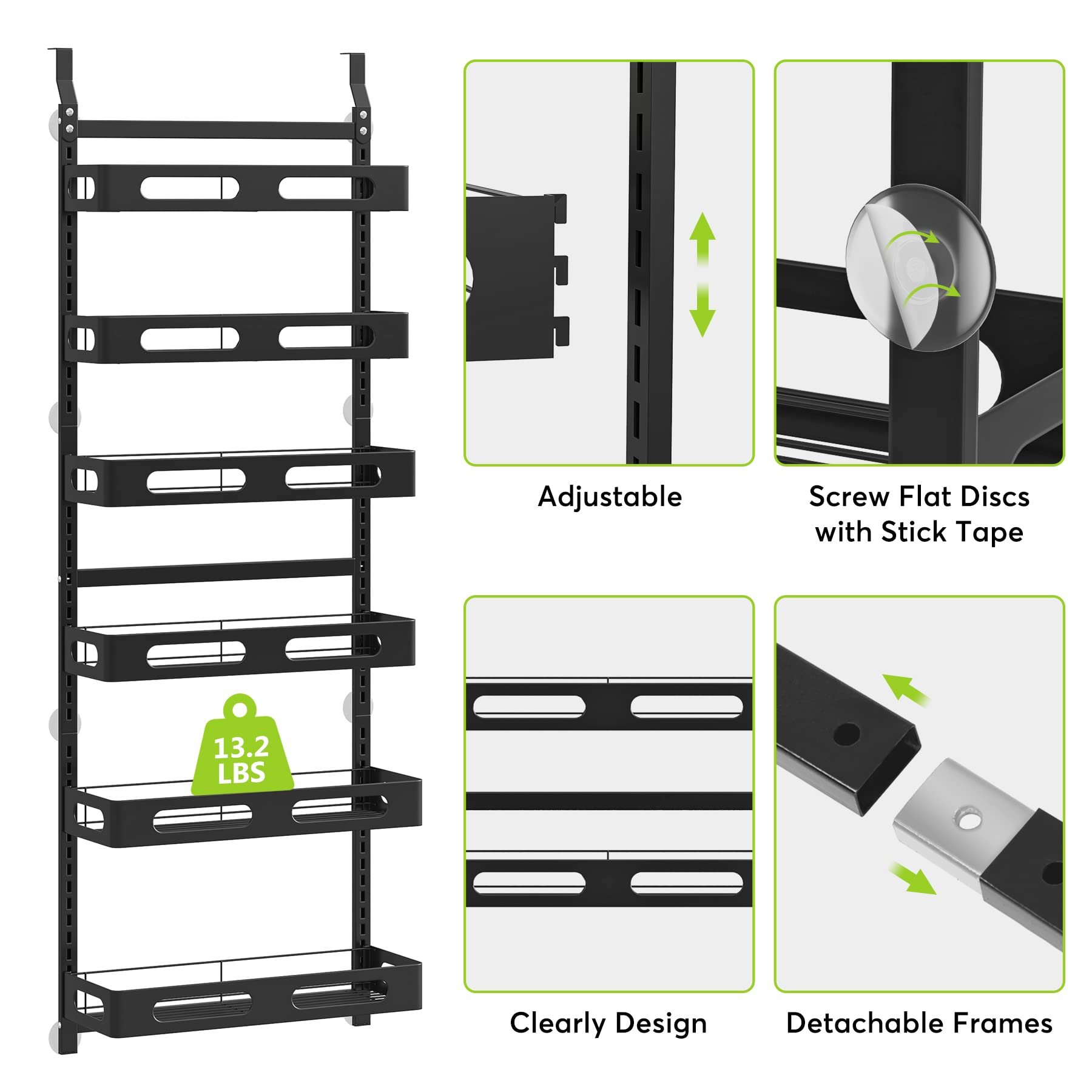 1Easylife 6-Tier Over the Door Pantry Organizer Black Pantry Organization and Storage with Adjustable Basket, Pantry Door Rack with Detachable Frame, Space Saving Hanging Spice Rack for Kitchen Pantry