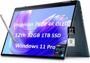 dell inspiron 7620 16'' 4k oled 2-in-1 touchscreen (intel 12-core i7-1260p,32gb ram,1tb ssd,nvidia geforce mx550, rechargeable stylus) business laptop, fingerprint, fhd webcam, win 11 pro, dark green