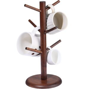 patelai coffee mug tree with 6 hooks wood mug holder tree mug stand hanger kitchen coffee mug tree countertop tea cups holder stand 14 inch removable mug stands(brown)