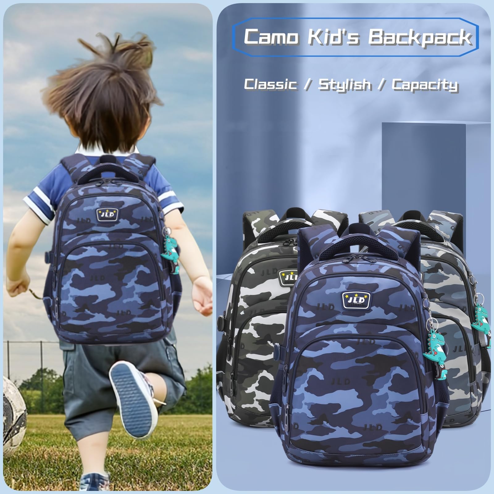 Camo Kids Backpacks for Boys, Water-resistant Camouflage Preschool Kindergarten Boys Backpacks Bookbags, Army-green