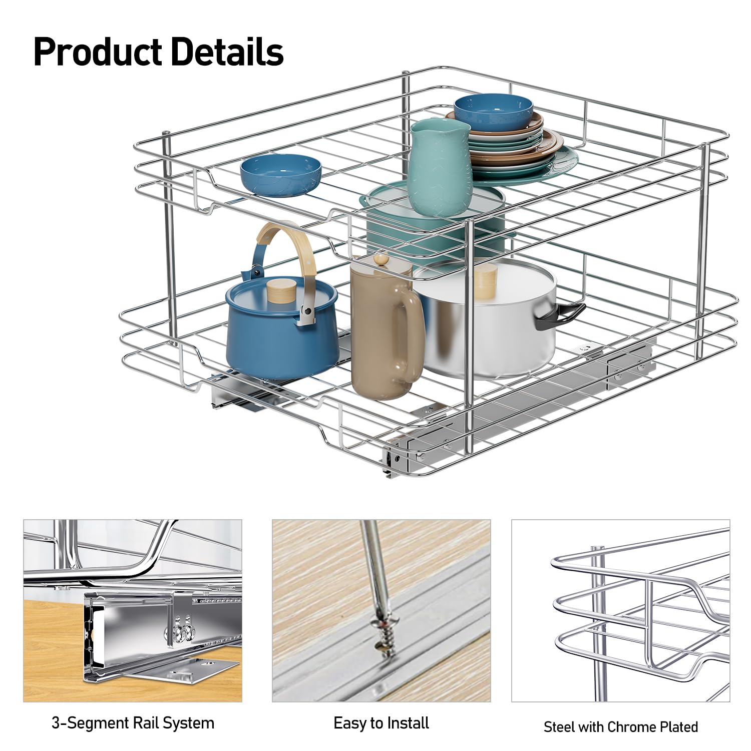 Lxmons 2 Tier Pull-out Cabinet Organizer, 20" W x 21" D Kitchen Under Sink Organizer, Slide Out Home Spice Rack Storage for Pots and Cans, Drawer Pantry Shelf Organization for Bathroom Base, Chrome