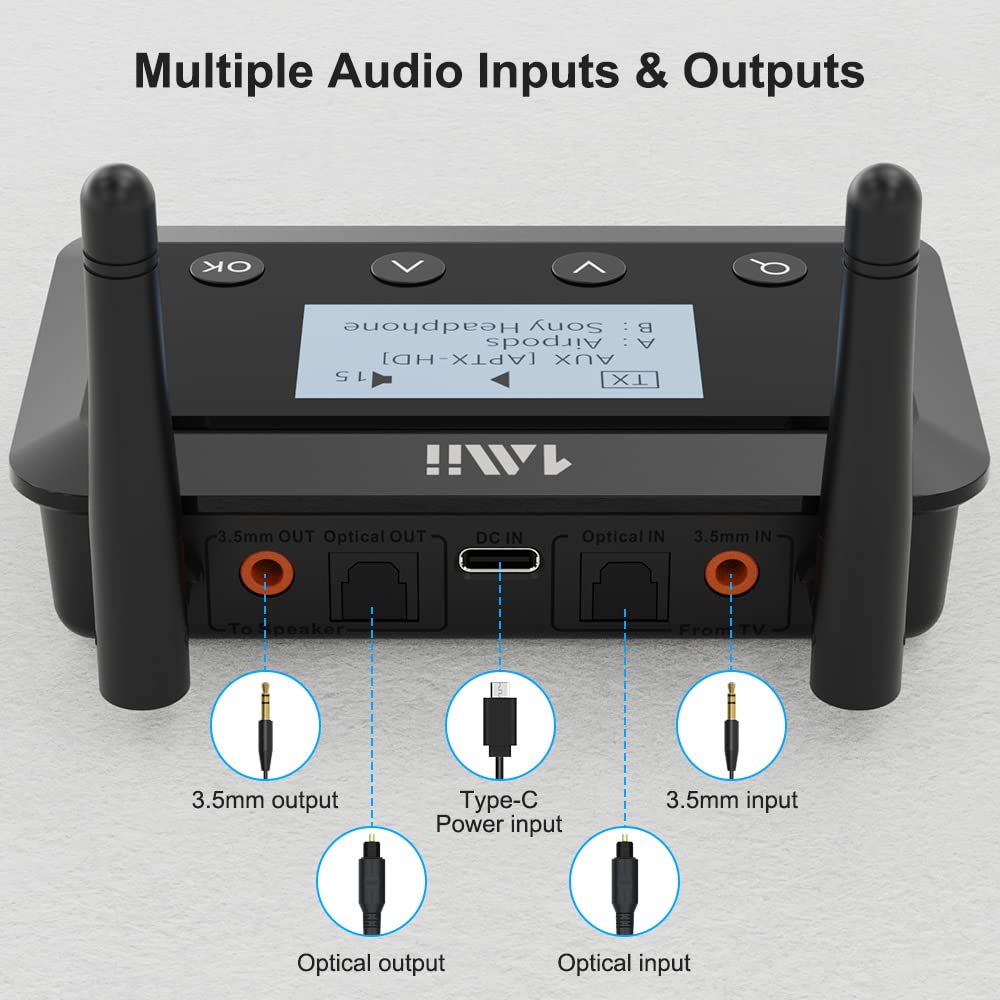 1Mii B03+ Bluetooth Transmitter Receiver for TV Home Stereo, Long Range Bluetooth 5.3 Adapter for TV Audio with Screen, aptX Low Latency & HD, Optical RCA AUX 3.5mm Inputs/Outputs