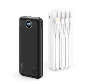 anouv 2-pack portable charger with built in cables,10000mah slim usb c power bank,5 output 3 input 2 flashlight led display external battery pack compatible with cell phone and most smart devices