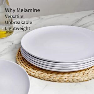 TP 10" Melamine Dinner Plates, 6-piece Plate Set Unbreakable Serving Dishes for Indoors and Outdoors, Unbreakable Dinner Service for 6, Matte-White