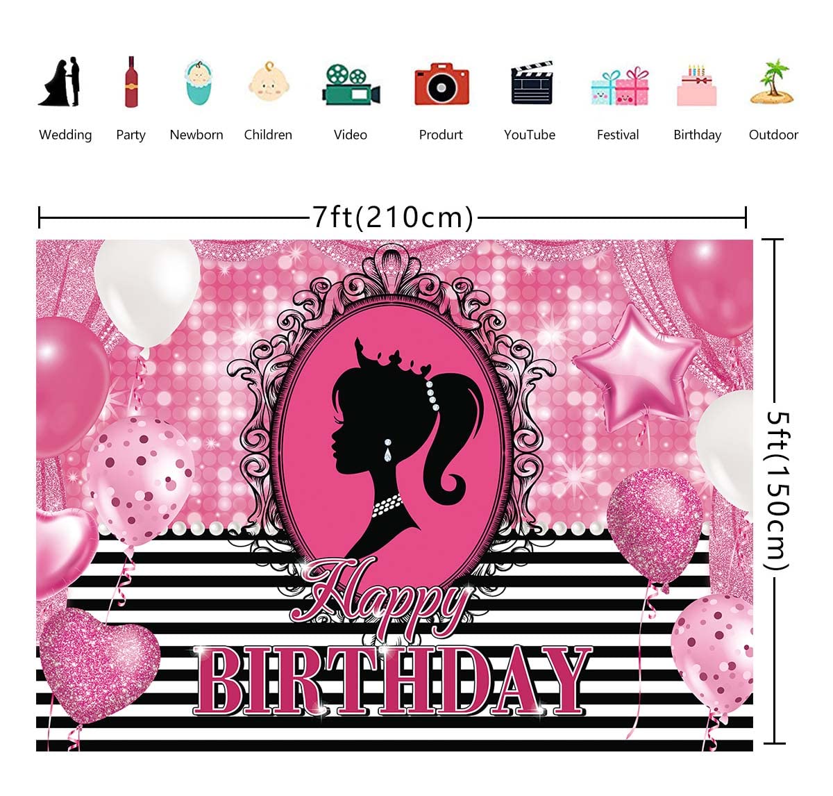 Princess Birthday Backdrop 7x5FT Pink Princess Theme Photography Backdrop for Girls Birthday Party Decorations Photo Props for Girl Party Favor (84x60 inch)