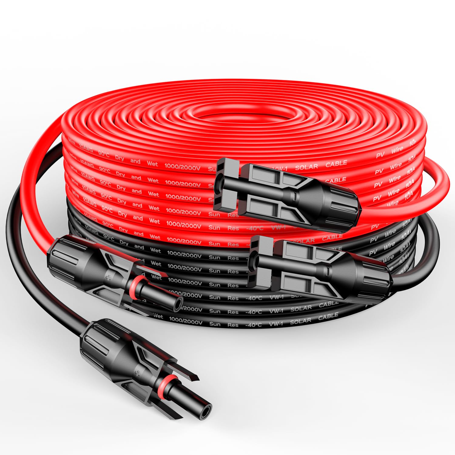 RICH SOLAR 10 Gauge 10AWG One Pair 100 Feet Red + 100 Feet Black Solar Panel Extension Cable Wire with Female and Male Connectors (100FT 10AWG)