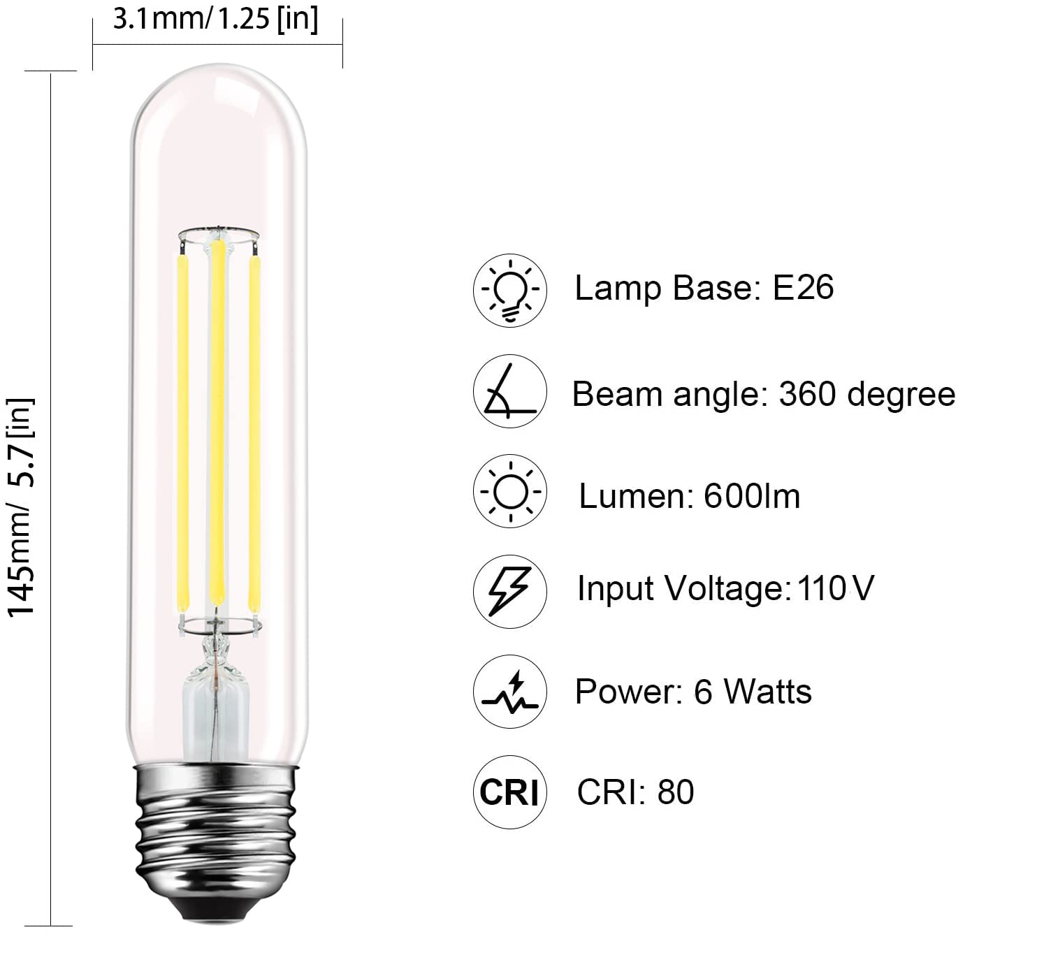 PIFUT T9 LED Bulb, E26 Dimmable LED Bulb, 110v 600Lumens 60W Equivalent, Clear Glass Tubular Light Bulb, Best Replacement for Incandescent Bulb, Candelabra LED Bulbs, 4 Pack (Daylight White)