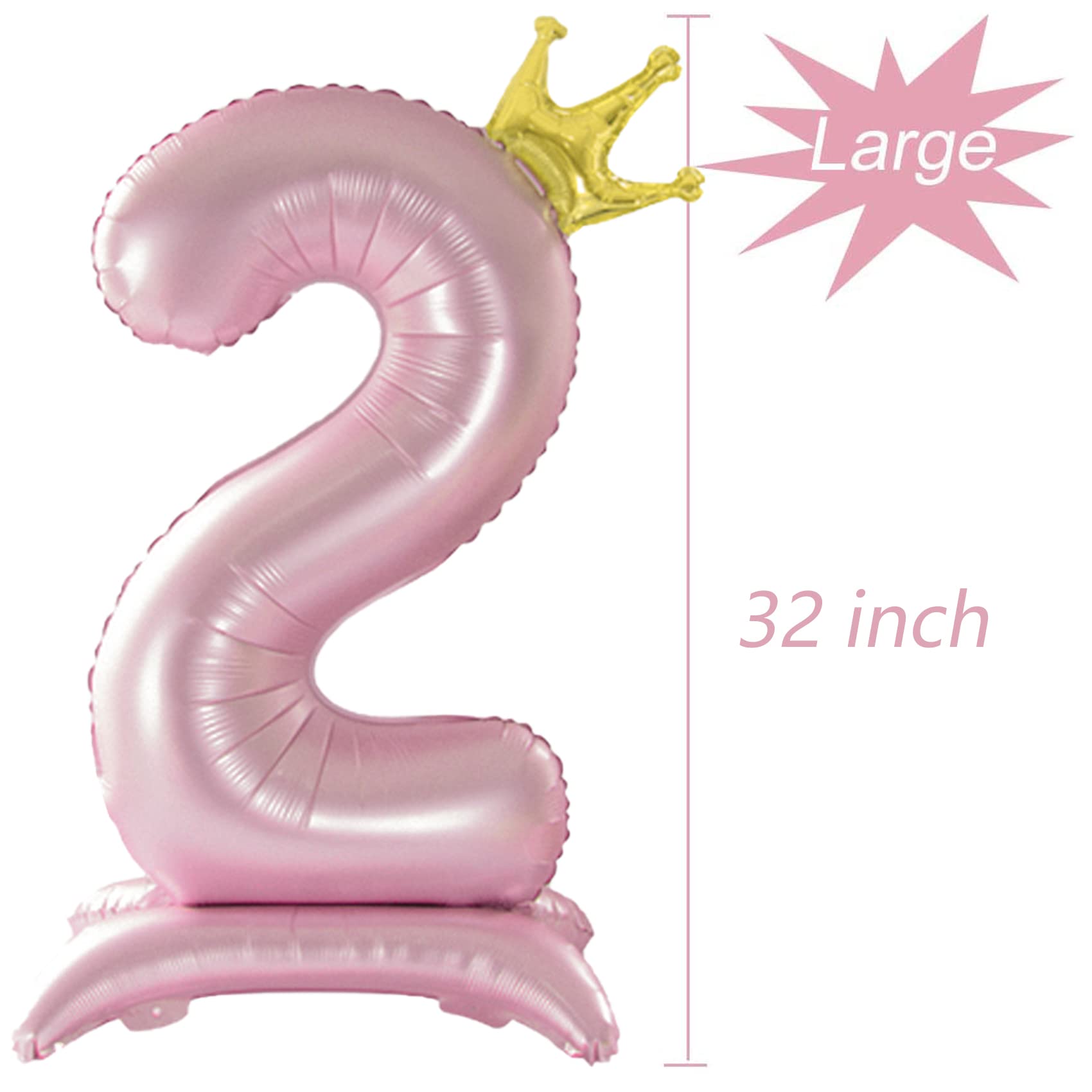 Tellpet Crown Pink Number 2 Balloon with Base For Girls 2nd Birthday Party Decoration