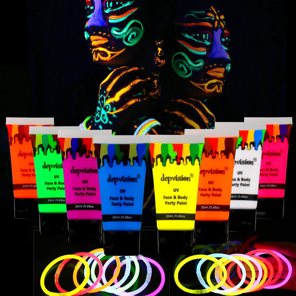 Depvision Glow in the Dark UV Face and Body Paint 8 x 20 ml (0.68 fl oz) Neon Blacklight Reactive Fluorescent for Christmas Halloween Party Non-toxic