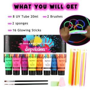 Depvision Glow in the Dark UV Face and Body Paint 8 x 20 ml (0.68 fl oz) Neon Blacklight Reactive Fluorescent for Christmas Halloween Party Non-toxic