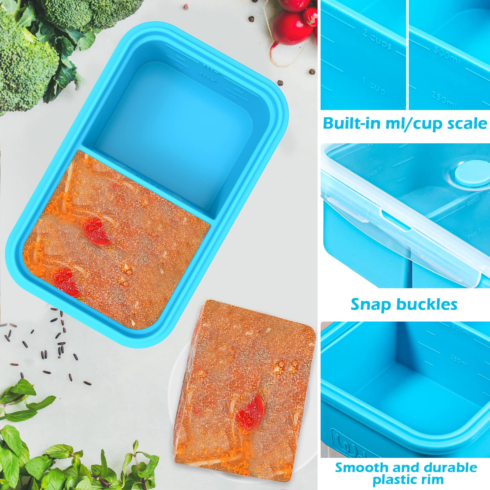 Webake Silicone Freezer Tray with Lid, Food Storage Container, 2 Cup Ice Cube Tray for Soup Sauce Meal Prep, BPA Free - Blue