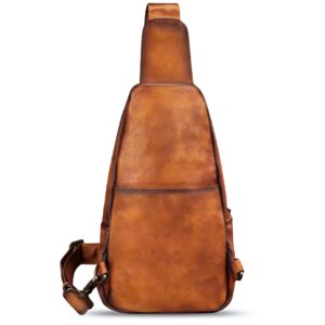 FEIGITOR Genuine Leather Sling Bag Retro Crossbody Sling Backpack Handmade Chest Shoulder Bag Daypack Purse Fanny Pack (Brown)