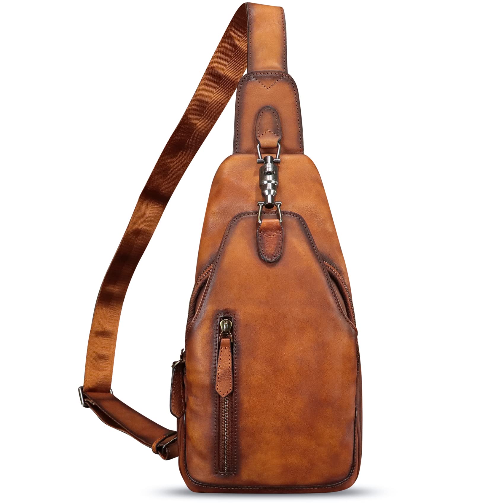 FEIGITOR Genuine Leather Sling Bag Retro Crossbody Sling Backpack Handmade Chest Shoulder Bag Daypack Purse Fanny Pack (Brown)