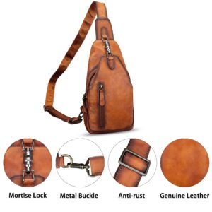 FEIGITOR Genuine Leather Sling Bag Retro Crossbody Sling Backpack Handmade Chest Shoulder Bag Daypack Purse Fanny Pack (Brown)