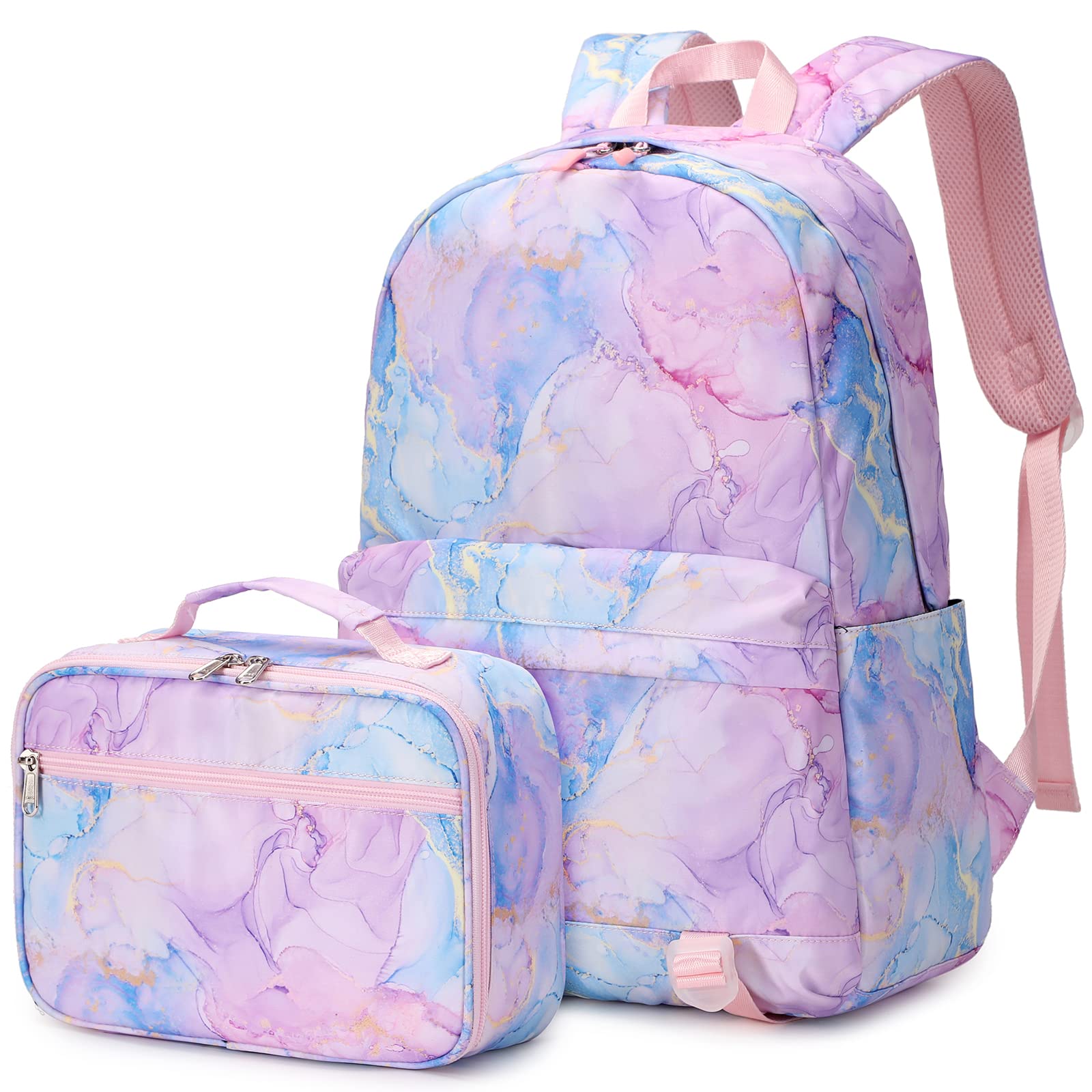 Joyfulife School Backpack for Girls Kids Backpack with Lunch Box Lightweight Marble Preschool Elementary Primary BookBags Set