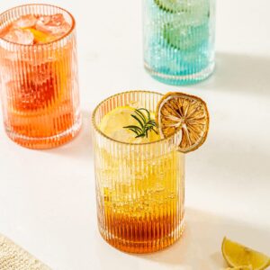 INSETLAN 17oz Ribbed Glassware Set of 4, Glass Cups Large Vintage Glassware Set, Origami Style Cocktail Glasses, Ideal for Beer, Juice, Water, Ice Coffee Cup, Whiskey