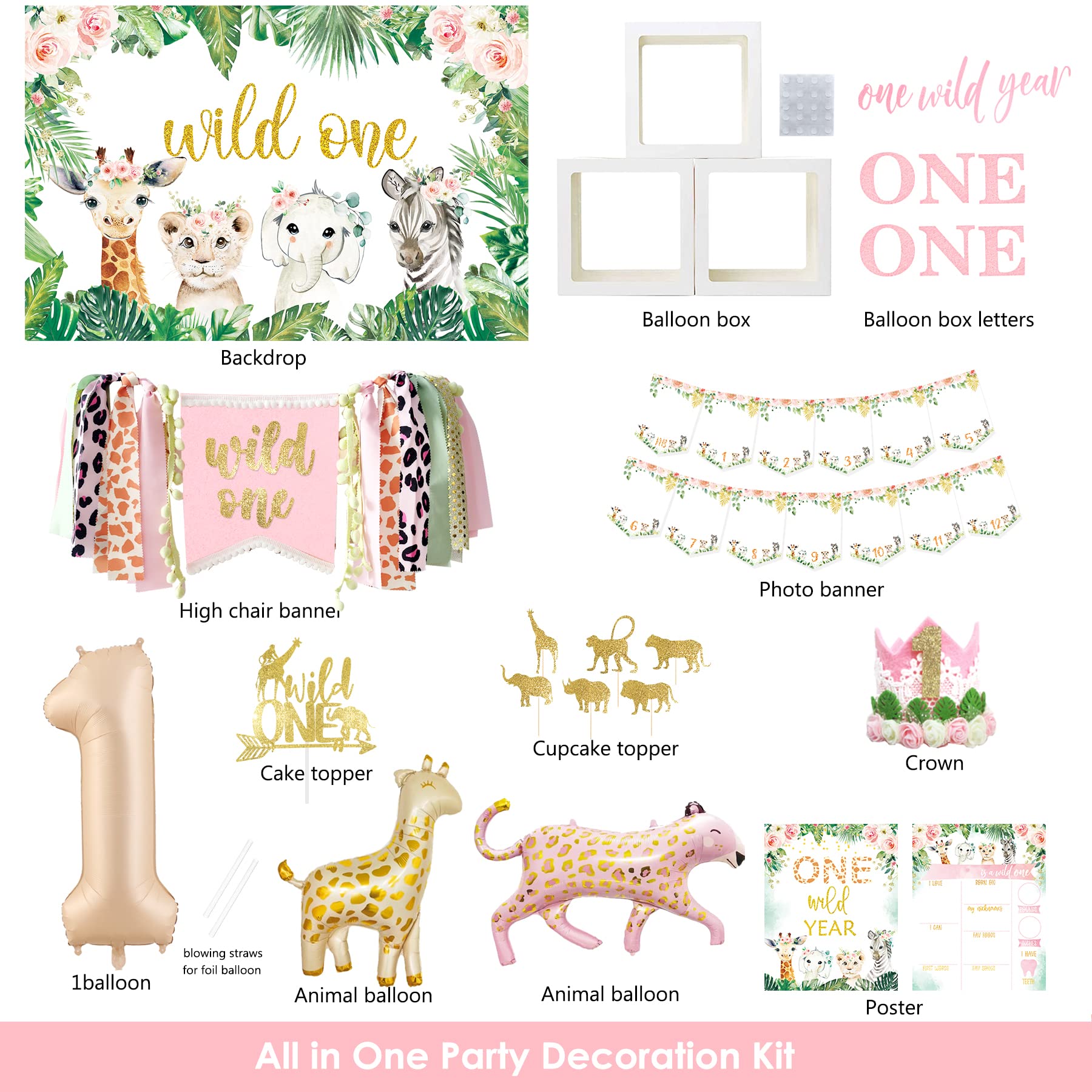 YSHMFEUX Wild one Birthday Decorations Supplies for Girl, 1st Birthday Girl Decorations, Jungle Safari Animal 1st Birthday Party Supplies, First Birthday Decorations for Girls