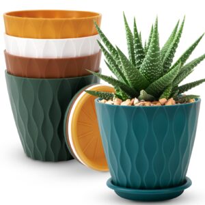 ynnico 6 inch plant pots, 5 pack flower pots outdoor indoor, planters with drainage hole and tray saucer