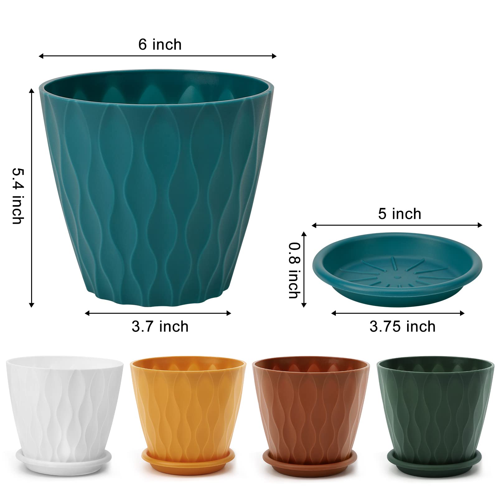 YNNICO 6 inch Plant Pots, 5 Pack Flower Pots Outdoor Indoor, Planters with Drainage Hole and Tray Saucer