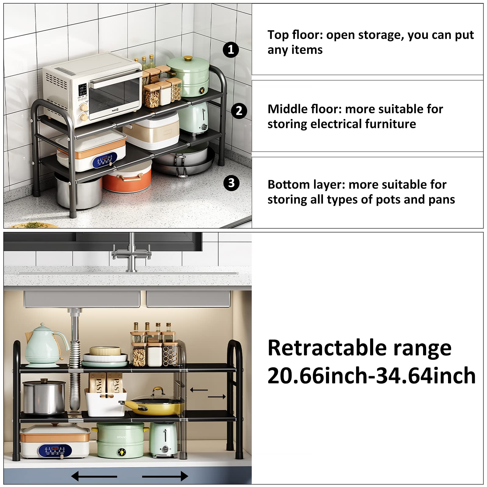 Zendar Under Sink Organizers and storage, 2 tier expandable cabinet bathroom shelf storage with 8 removable panels for kitchen bathroom, easy to install, black (black)