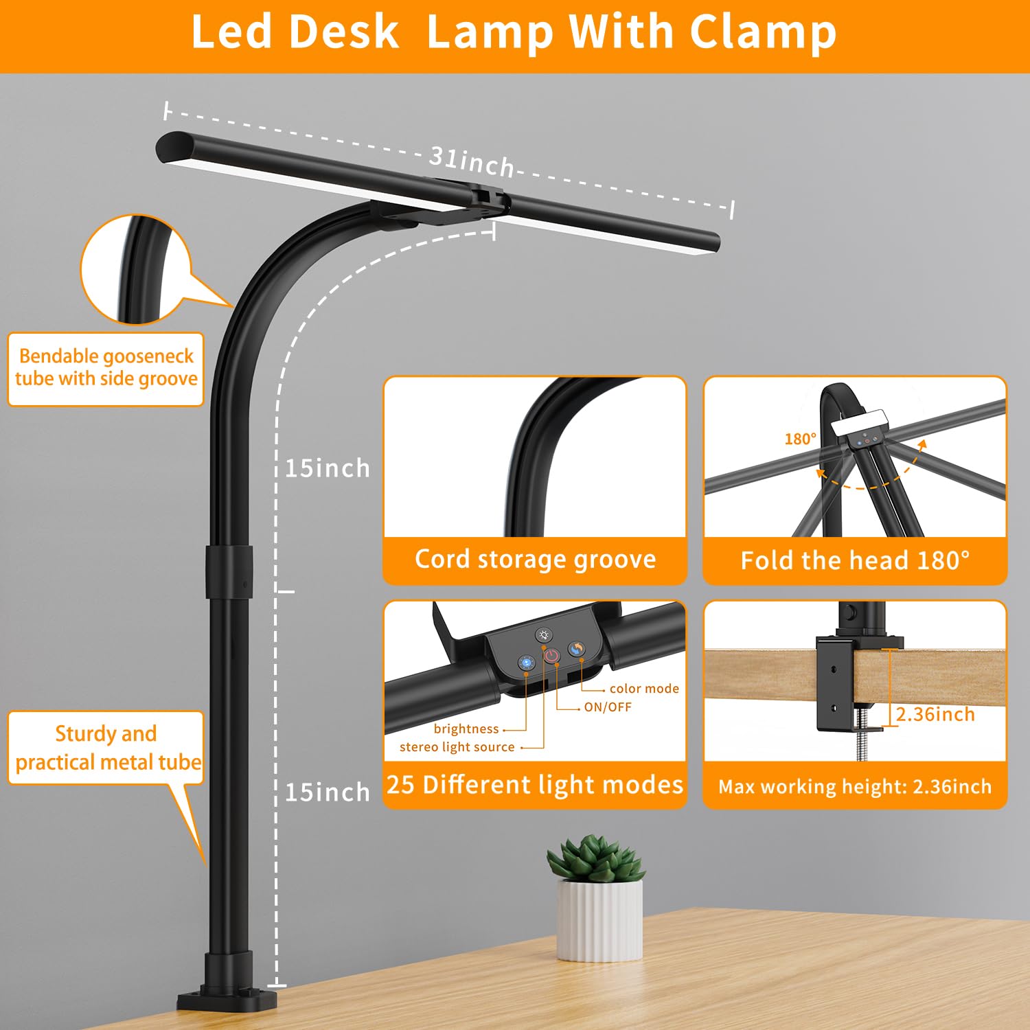 sandiea LED Desk Lamp for Home Office - 24W Bright Double Head Desk Light with Clamp Eye Caring Architect Task Light 25 Lighting Modes Adjustable Flexible Gooseneck Lamp for Workbench Drafting Study