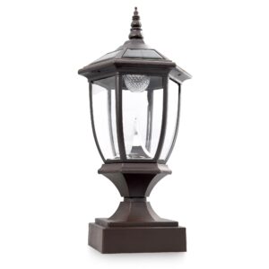 iglow brown outdoor solar post light lamp lantern fixture w/ 3 bright white smd led w/dual bases (6x6 and hexagonal) deck cap square fence garden landscape path pvc vinyl dual purpose