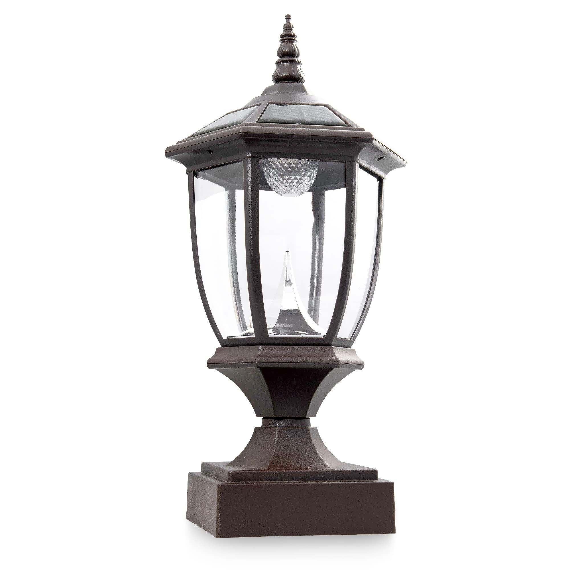 iGlow Brown Outdoor Solar Post Light Lamp Lantern Fixture w/ 3 Bright White SMD LED w/Dual Bases (6x6 and Hexagonal) Deck Cap Square Fence Garden Landscape Path PVC Vinyl Dual Purpose