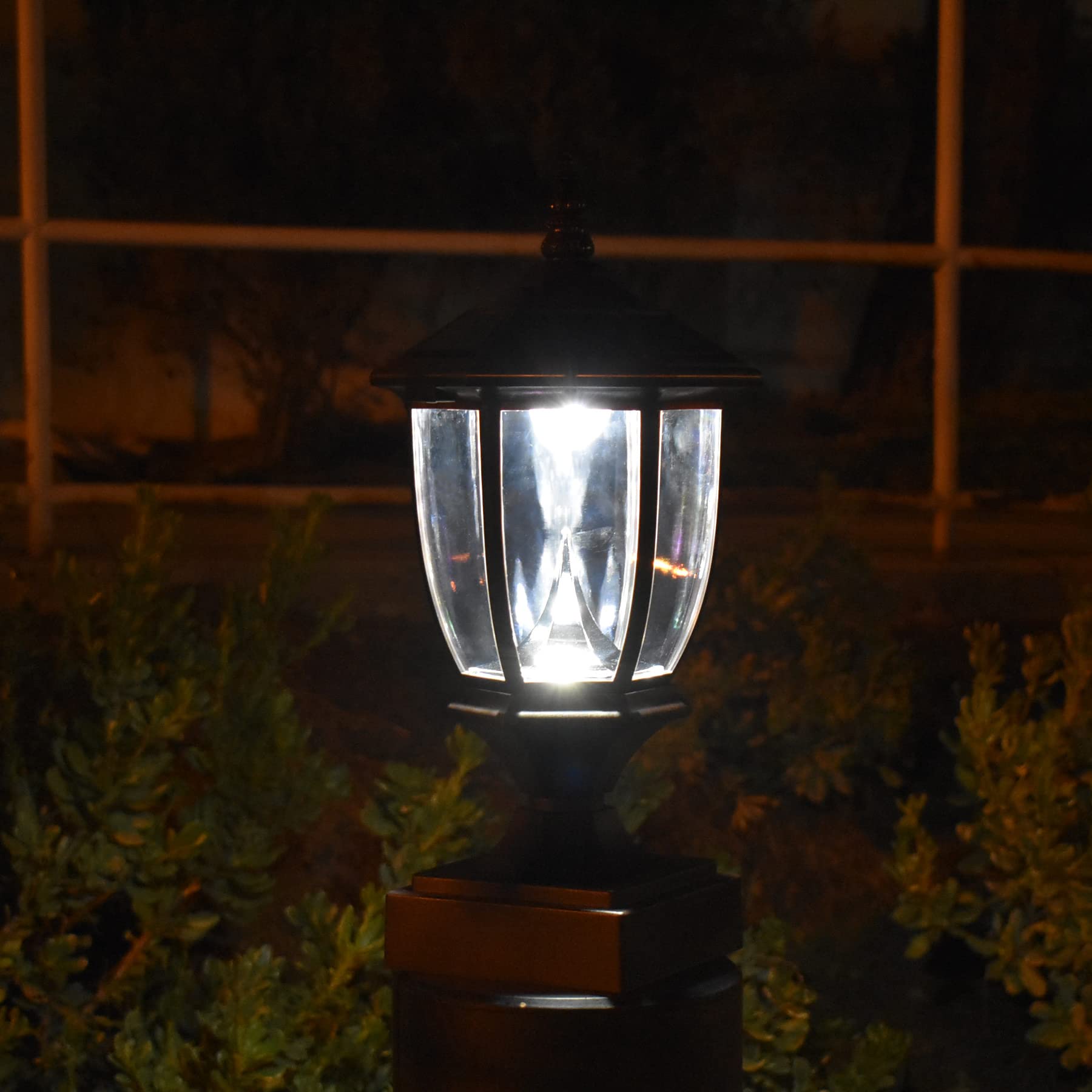 iGlow Brown Outdoor Solar Post Light Lamp Lantern Fixture w/ 3 Bright White SMD LED w/Dual Bases (6x6 and Hexagonal) Deck Cap Square Fence Garden Landscape Path PVC Vinyl Dual Purpose